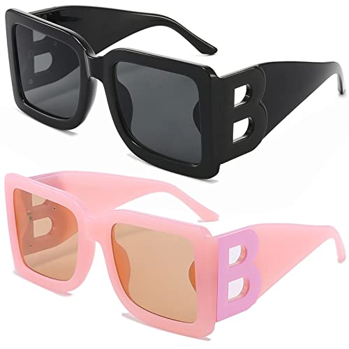 Breaksun Fashion Big Square Sunglasses for Women Men Classic Black Luxury Designer Sun Glasses Thick Frame Gradient Tint (Black/Black+ Pink)