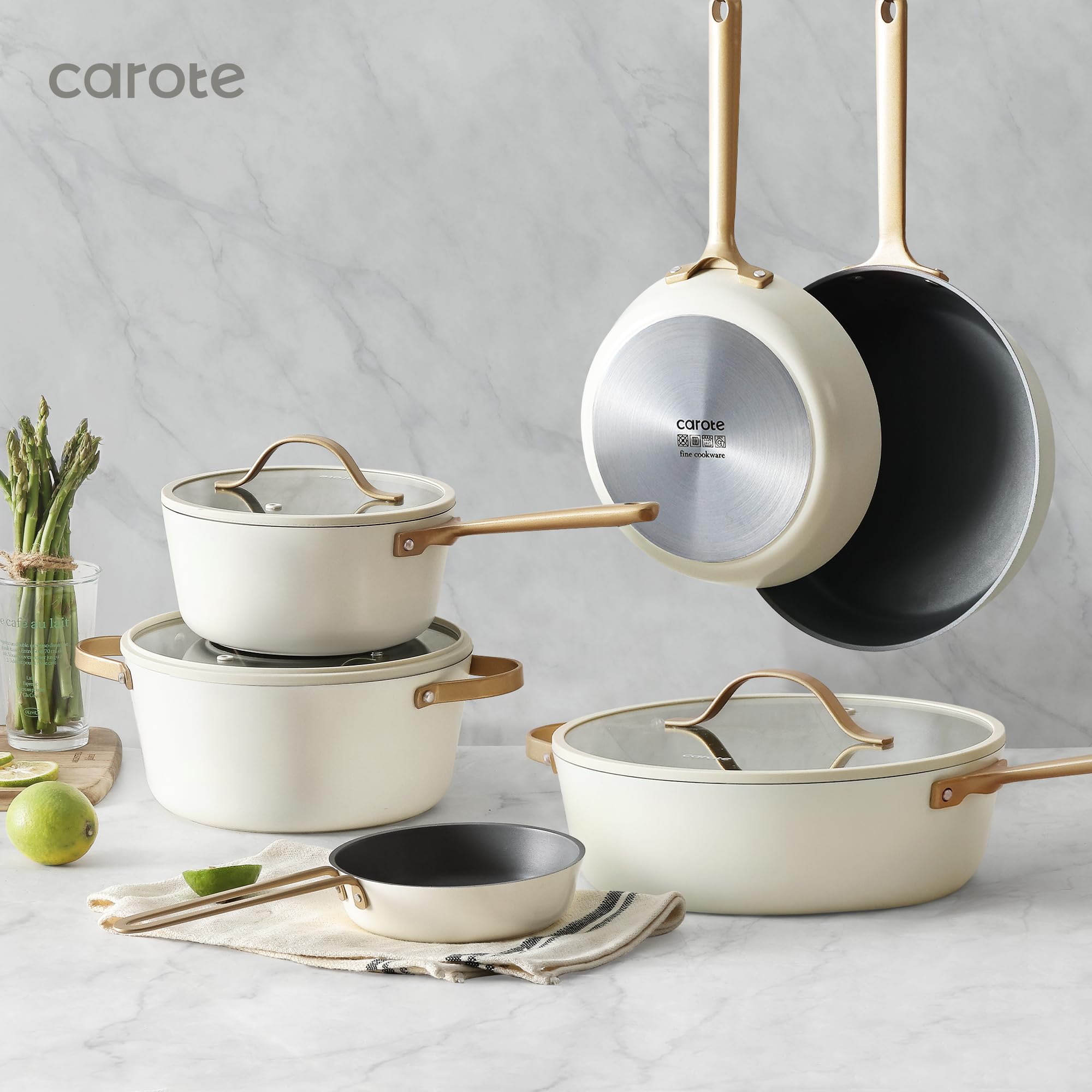 CAROTE 12PCS Saudi Collection Nonstick Cookware Set, Pots and Pans Set Non Stick, Dishwasher Safe, Oven Safe Up to 500ยฐF, Cream and Gold