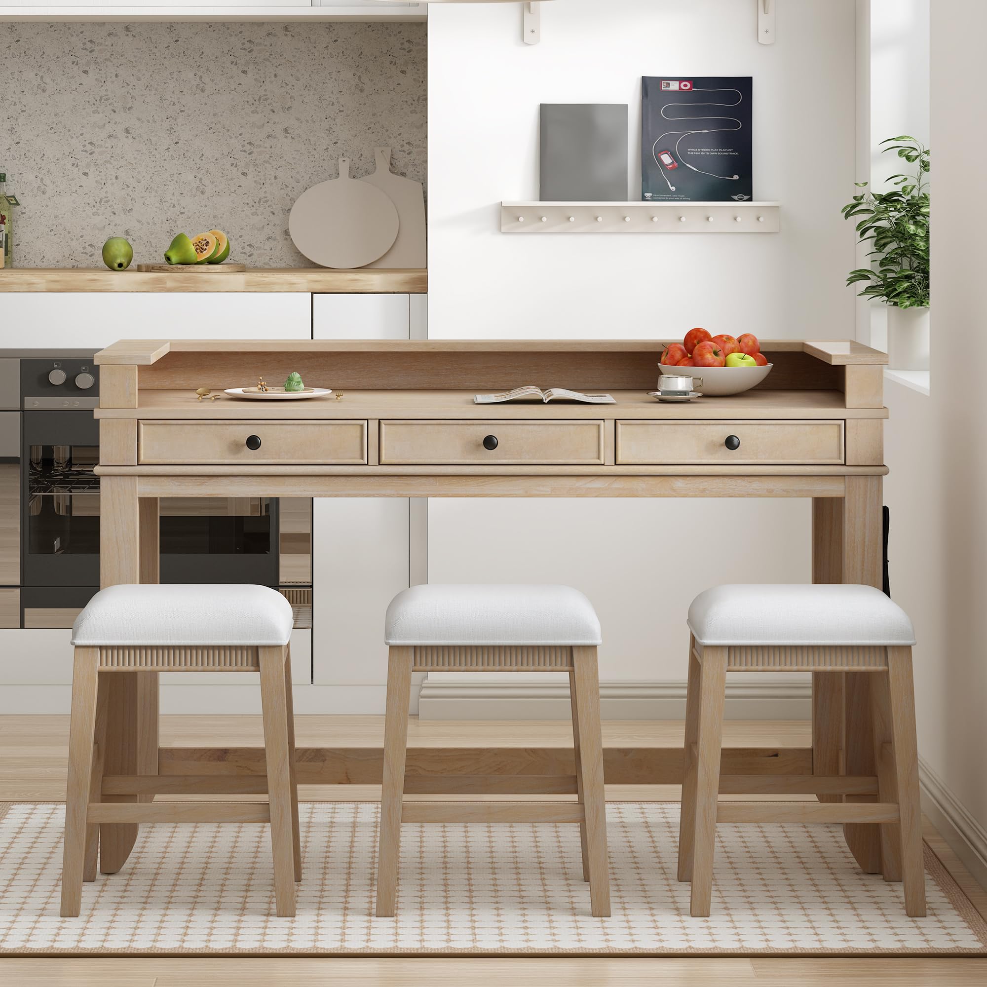Biofocus 4-Piece Dining Bar Table Set with 3 Upholstered Stools, Multifunctional Dining Table with 3 Drawers for Kitchen Living Room Bedroom (Natural Wood Wash)