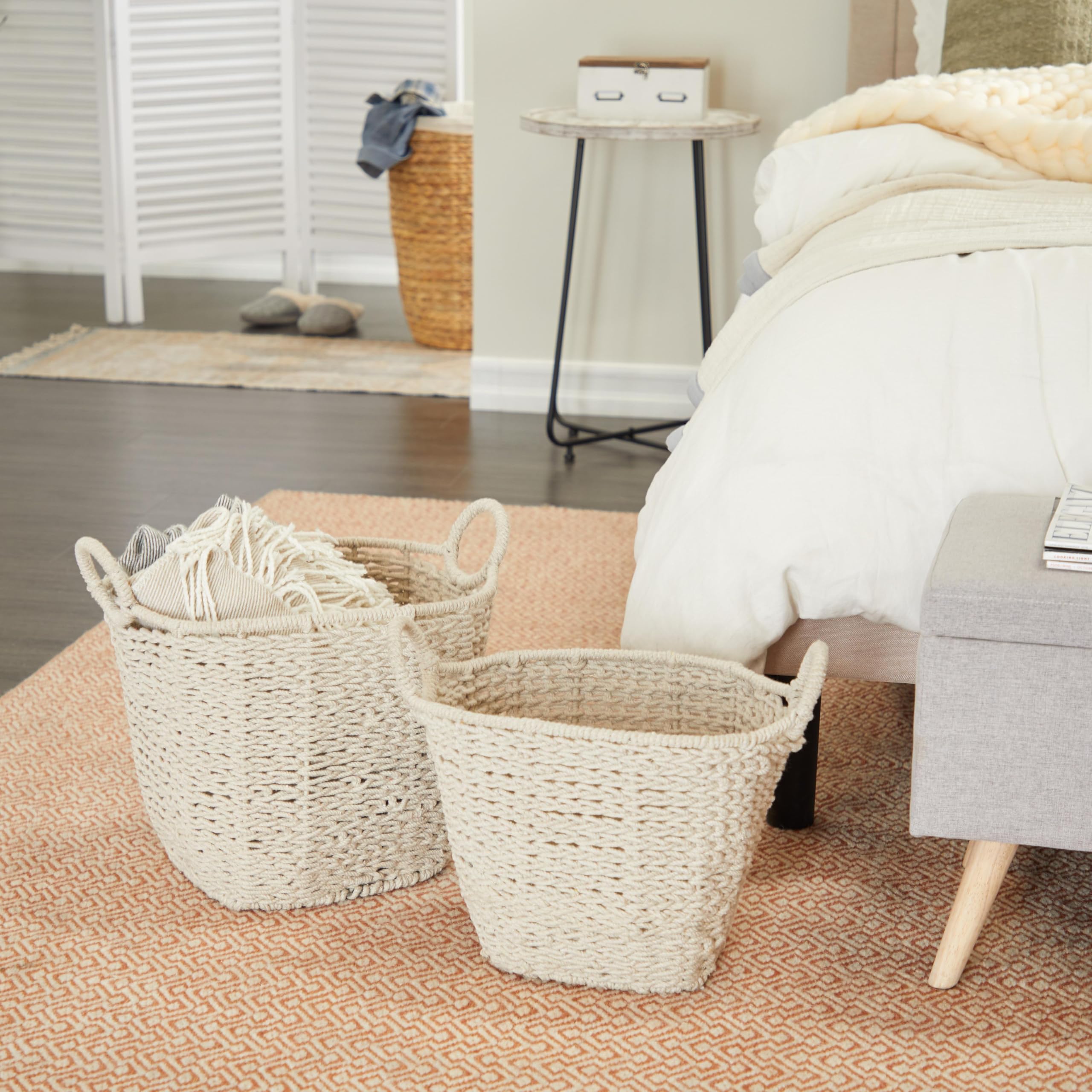 CosmoLiving by Cosmopolitan Cotton Fabric Handmade Decorative and Functional Storage Basket Basket Organizer with Handles, Set of 2 Basket for Storage 16", 18"H, White