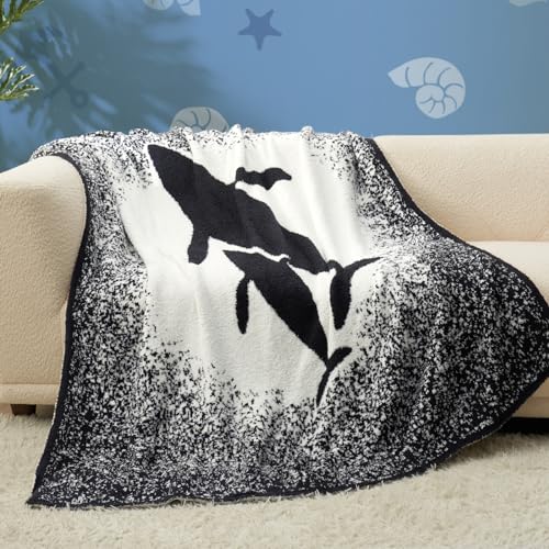 Snuggle Sac Whale Knitted Throw Blanket, Super Soft Reversible Fluffy Shark Plush Blankets, Luxurious Microfiber Whale Blanket Throw for Couch, Bed, Gift for Kids & Parents, Black, 50x60 inches