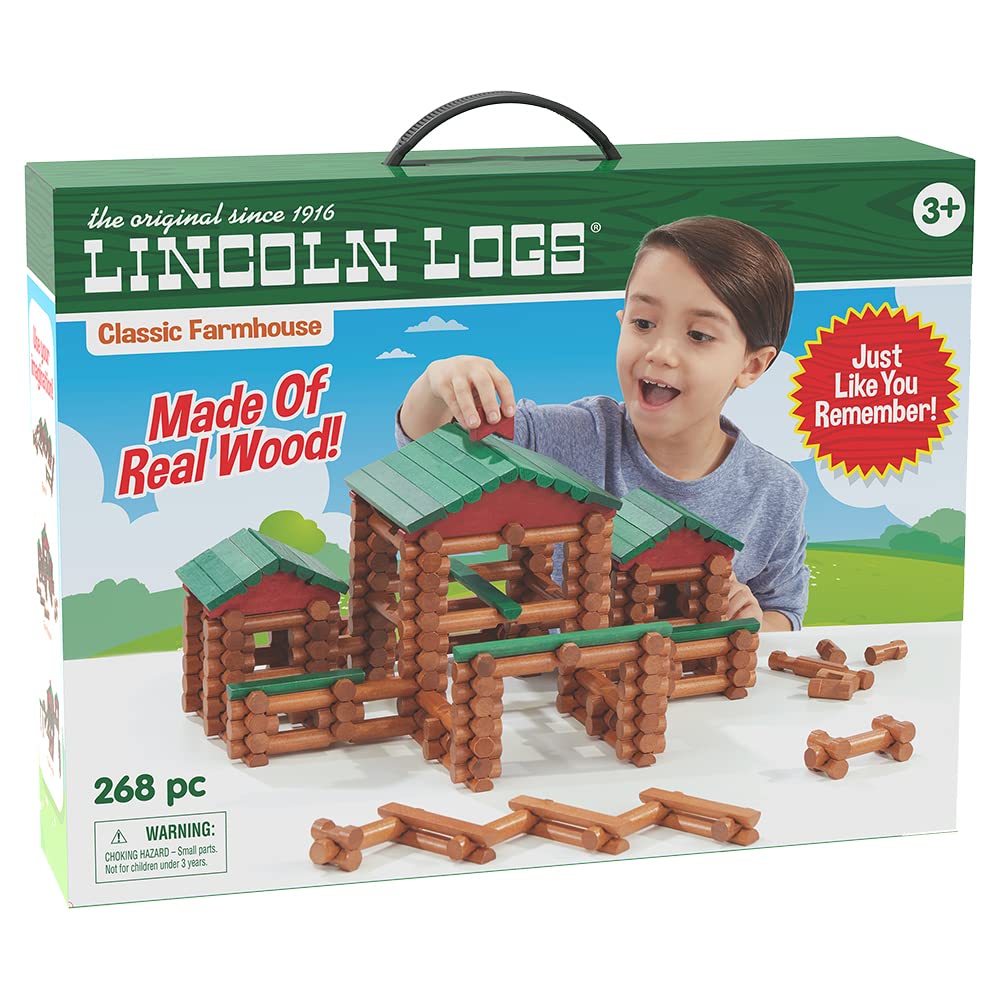 LINCOLN LOGS β Classic Farmhouse, 268 Pieces, Real Wood Logs - Ages 3+ - Best Retro Building Gift Set for Boys/Girls - Creative Construction Engineering - Preschool Education Toy