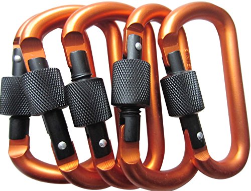 LeBeila 5 PCS Carabiner Climbing D Ring Keychain with Clip Durable Heavy Duty Aluminum Screw Locking Hooks for Hiking, Fishing and Outdoors (Orange)