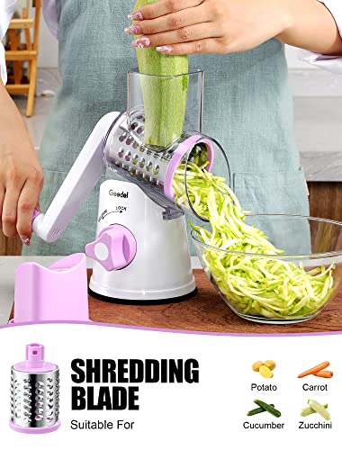Geedel Rotary Cheese Grater, Kitchen Mandoline Vegetable Slicer with 3 Interchangeable Blades, Easy to Clean Rotary Grater Slicer for Fruit, Vegetables, Nuts