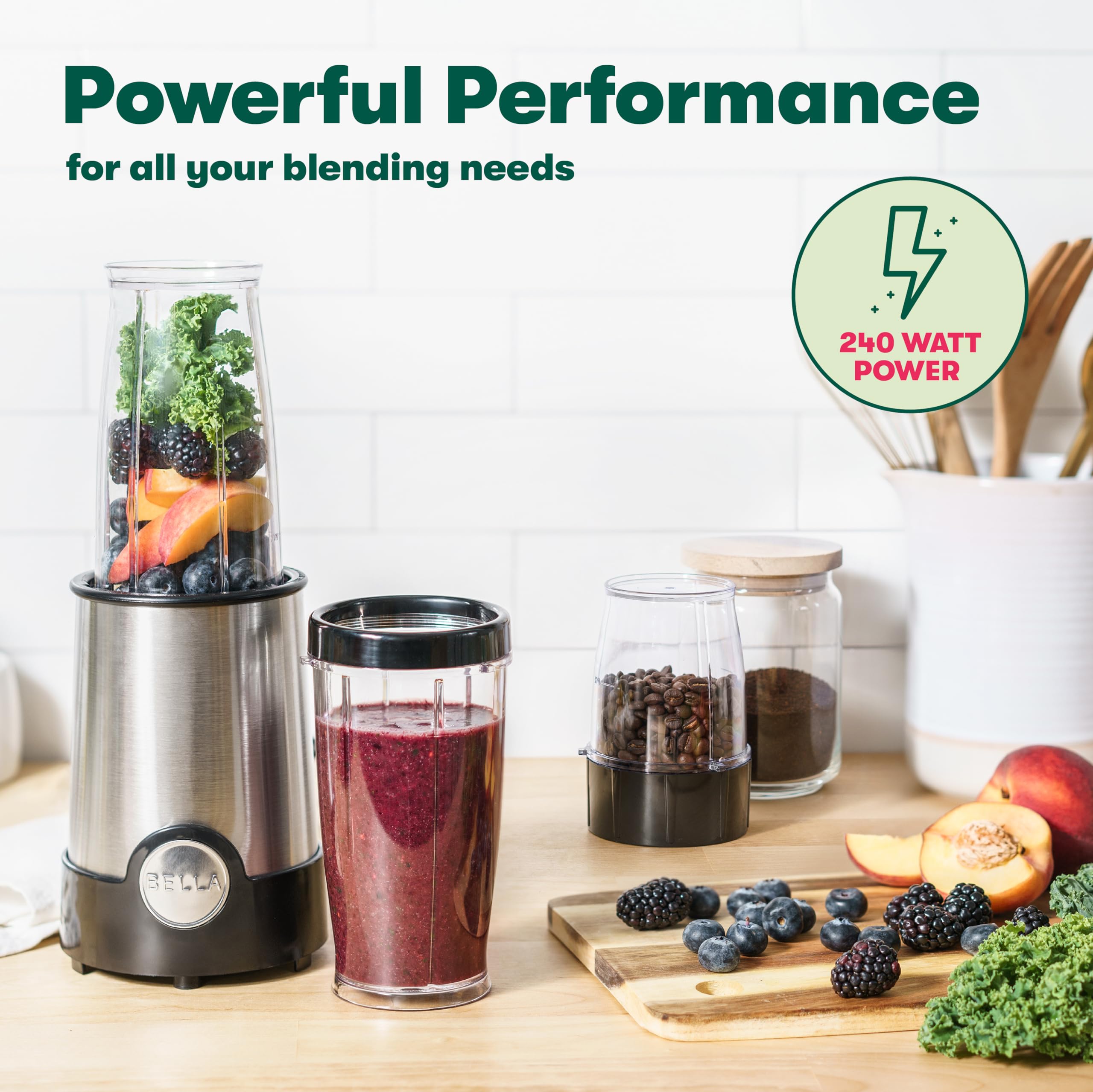 BELLA Personal Size Rocket Blender, Perfect for Smoothies, Shakes & Healthy Drinks, Easy Grinding, Chopping & Food Prep, 285 Watt Power Base, 12 Piece Blending Set, Stainless Steel/Black