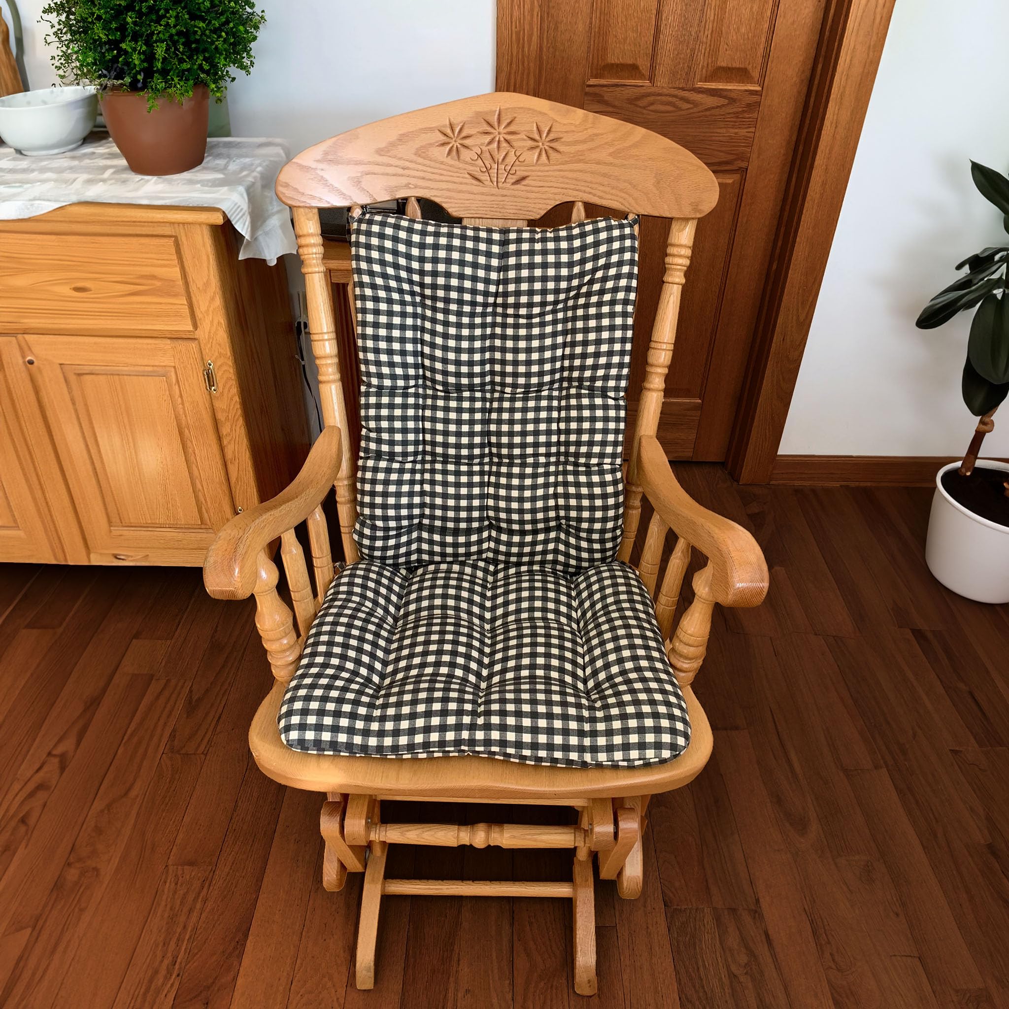 Barnett Home Decor Farmhouse Check Black Standard Rocking Chair Cushions - Latex Foam Fill Rocker Seat Pad & Backrest Cushion with Ties - Tufted, Reversible, Machine Washable, Checkered