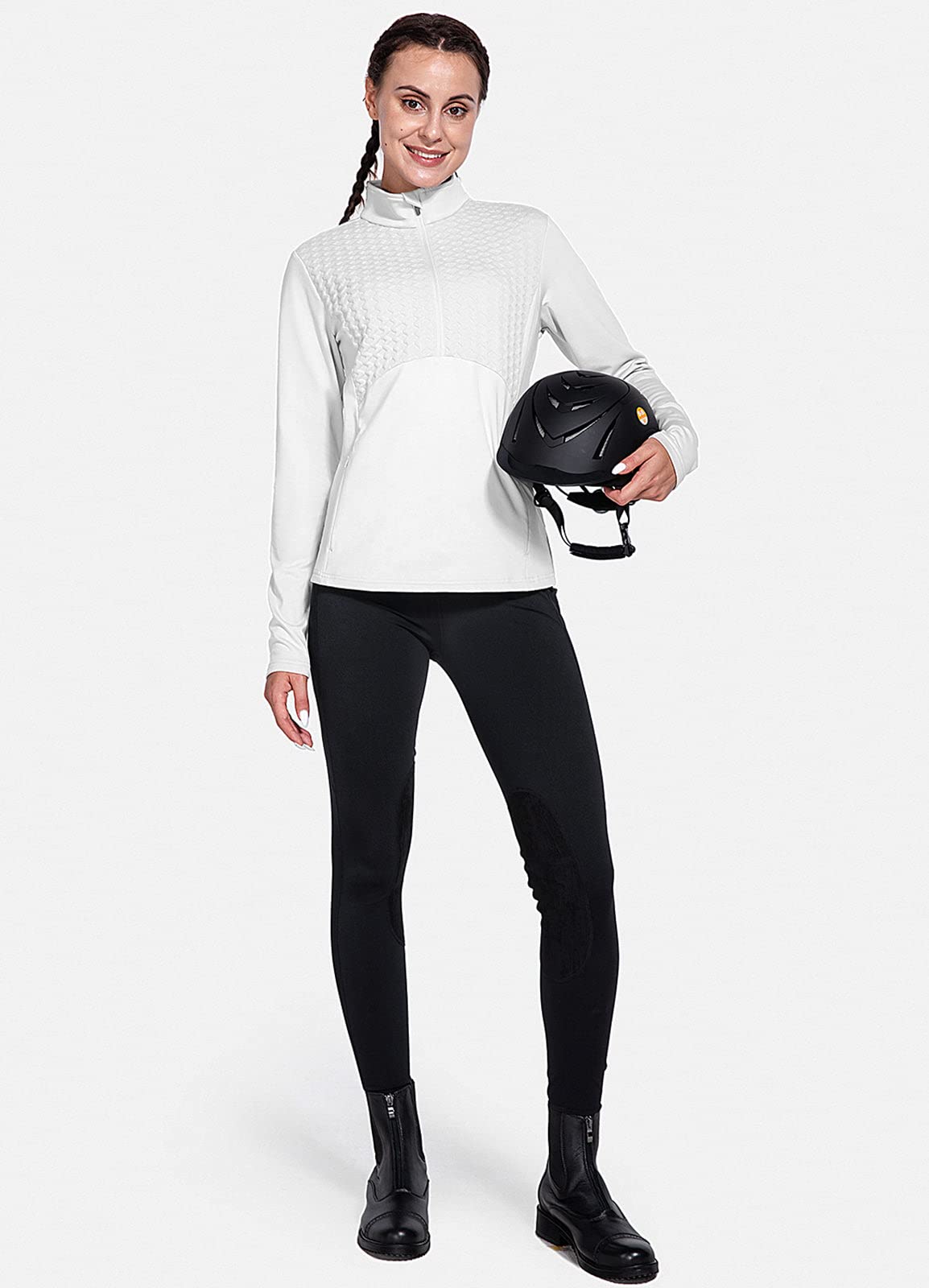 BALEAF Women's Fleece Equestrian Shirt Long Sleeve Running Jacket Pullover Half Zip Thermal Horse Riding Cold Weather Gear White M
