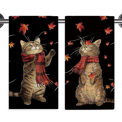 GAGEC Fall Kitchen Towels Cat Maple Leaf Fall Dish Towels Set of 2, Autumn Holiday Tea Towel 18 x 26 Inch Hand Drying Cloth Towel for Kitchen Home Decoration
