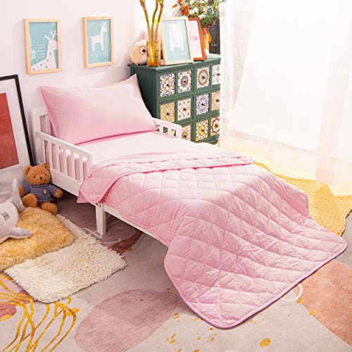 NTBAY 4 Piece Ultra Soft and Breathable Toddler Bedding Set, Microfiber Crib Sheet Set, Includes Quilted Comforter, Fitted Sheet, Flat Top Sheet and Envelope Pillowcase for Boys and Girls, Pink