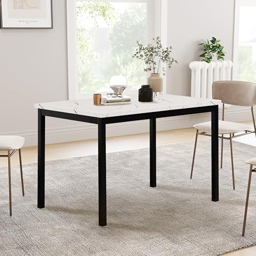 Roundhill Furniture 5 Piece Citico Metal Dinette Set with Laminated Faux Marble Top, White Table with Red Chairs