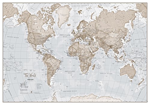 Large Map Of The World ā Silk Art Print World Map ā Neutral Tones - 23 x 33
