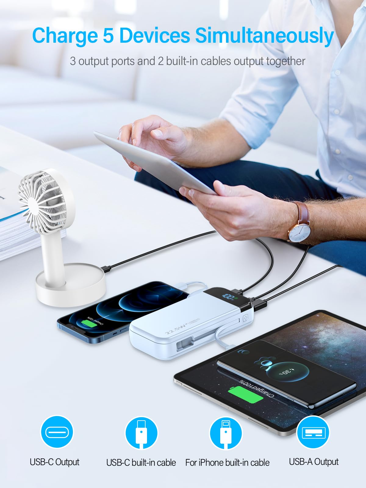 BLJIB Portable Charger 32000mAh, 22.5W QC 3.0 PD 20W Smart LED Display Fast Charging Built in Cables Power Bank, External Battery Pack Charge 5 Devices Compatible with Cellphones (Blue)