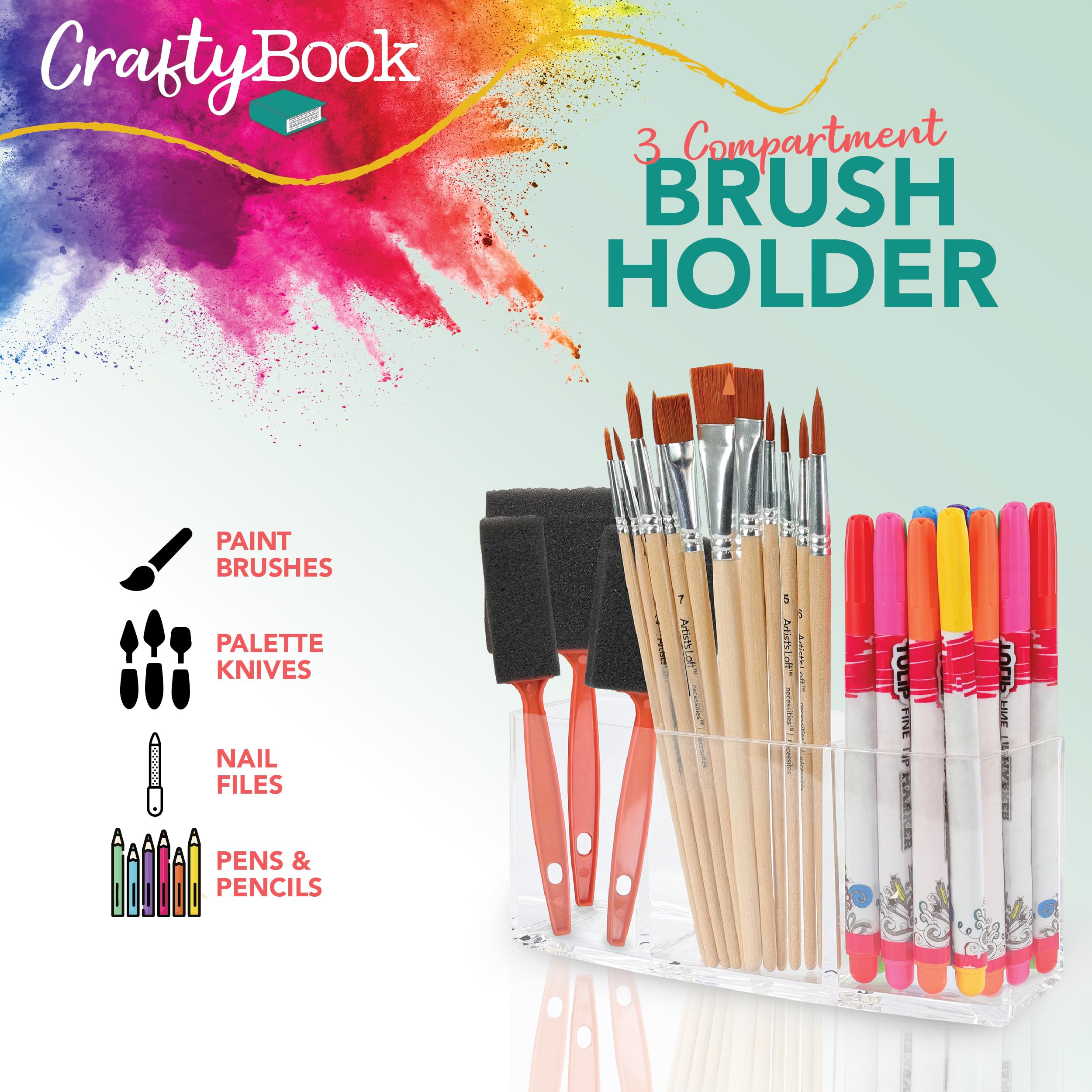 CraftyBook 5-Tiered Art Supply Storage Organizer with Paint Brush Holder - Clear Acrylic Tabletop Gel Polish Paint Storage Step Shelf - Acrylic Nail Polish Organizer Shelf for Hobby and Model Paint