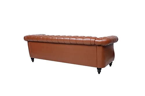 HomSof 84" Rolled Arm Chesterfield 3 Seater Sofa Mid Century Modern Couch for Small Spaces, Brown PU Leather