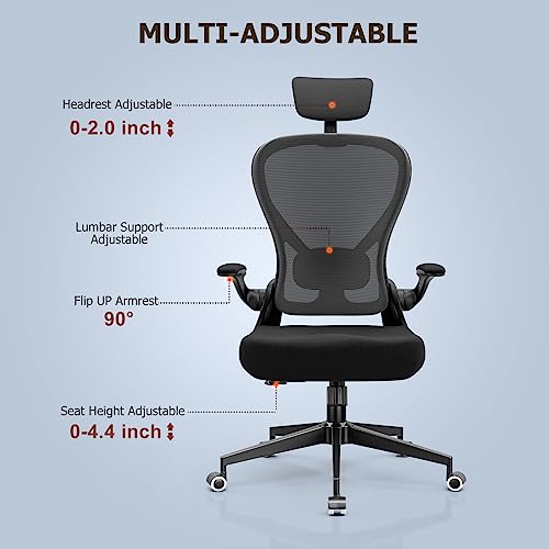 Frylr Ergonomic Home Office Desk Chair with Flip-up Arms and Headrest - Perfect for Big and Tall Users/Adjustable Lumbar Support/450 lbs Heavy Duty Office Chair(Black)