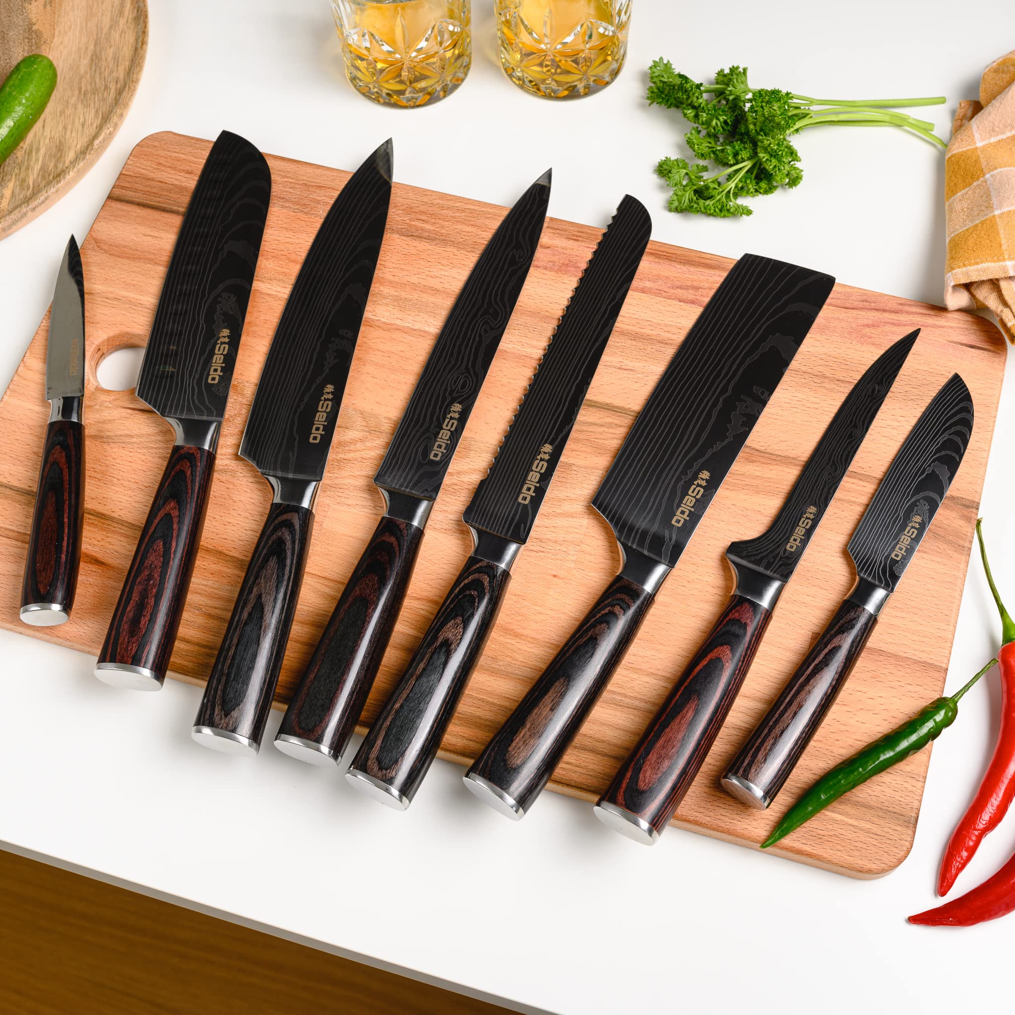 Seido Knives Master Chef Knife Set, 8-Piece Kitchen Knife Set, High-Carbon Stainless Steel Handmade Culinary Knives, Professional Chef Knives, Kitchen Knives