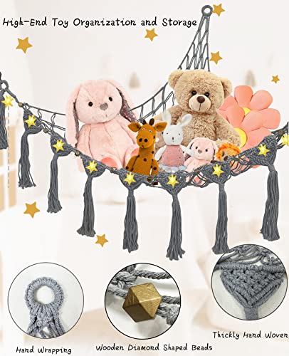 Salamanda Stuffed Animal Net or Hammock with wall decal and star LED Light, Boho Toy Hammock Hanging Stuffed Animal Storage Net Organizer Holder for Bedroom, Nursery (A-Grey)