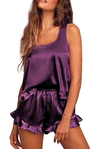 Ekouaer Silk Pajamas for Women Cute Pj Ruffled Sexy Nightwear Tank and Shorts Sleepwear Set Purple M