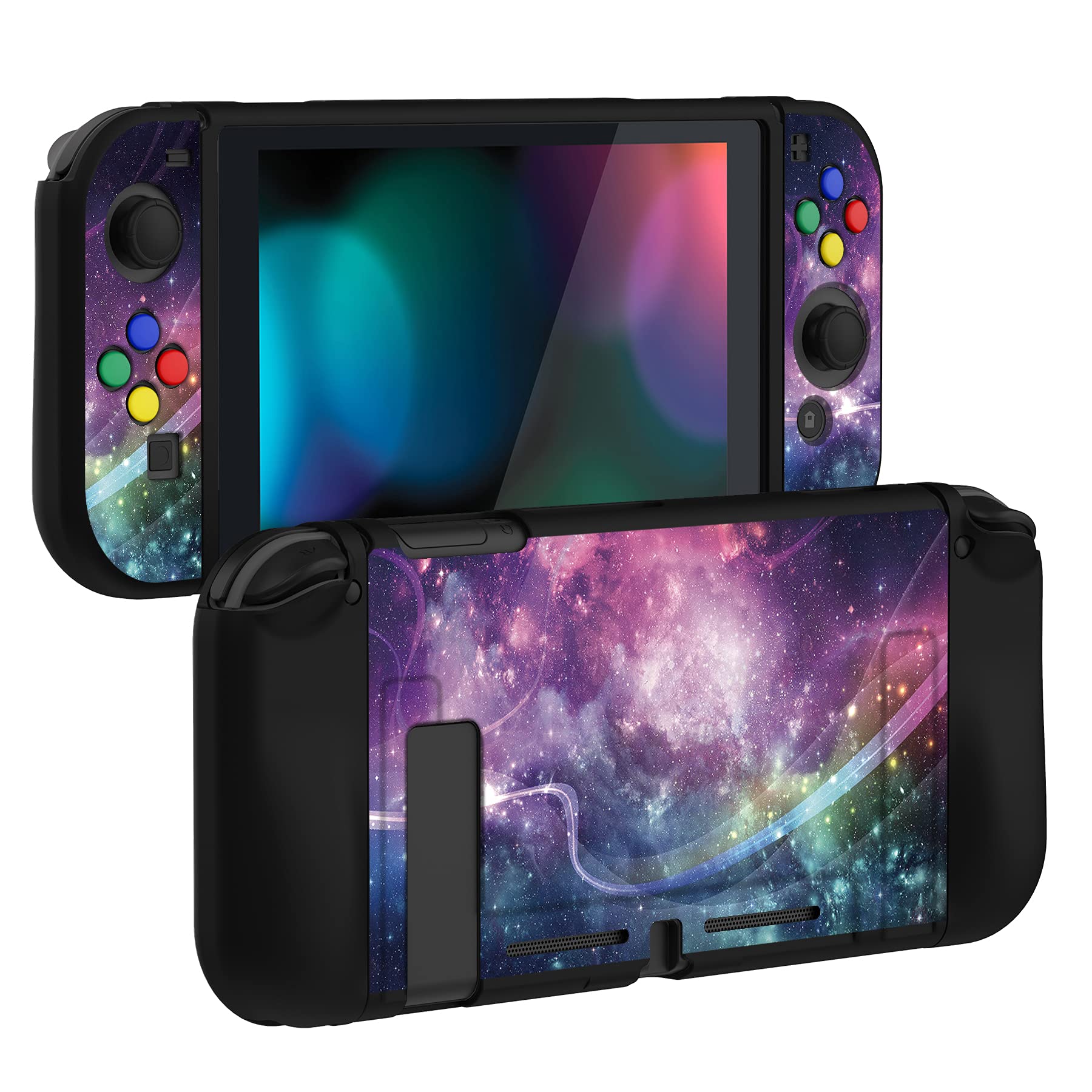 PlayVital Purple Galaxy Protective Case for Nintendo Switch, Soft TPU Slim Case Cover for Nintendo Switch Joycon Console with Colorful ABXY Direction Button Caps