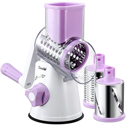 Geedel Rotary Cheese Grater, Kitchen Mandoline Vegetable Slicer with 3 Interchangeable Blades, Easy to Clean Rotary Grater Slicer for Fruit, Vegetables, Nuts