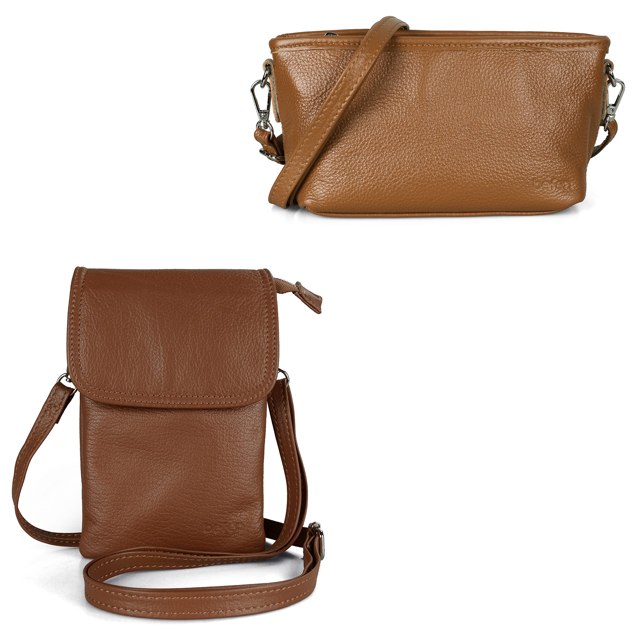 befen Cognac Brown Small Cell Phone Crossbody Bag with Cognac Brown Small Roomy Crossbody Purse