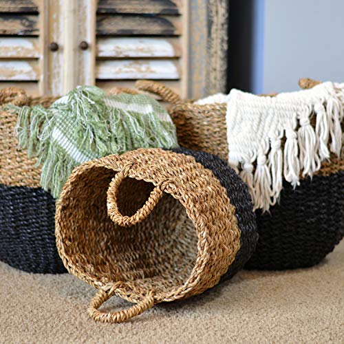 WHW Whole House Worlds Cape Cod Seagrass Baskets, Set of 3, Paint Dipped, Chunky Weave, Nautical Gray, Natural, Barrel Belly, Top Handles, 15.75, 13.75, and 11.75 Inches Tall