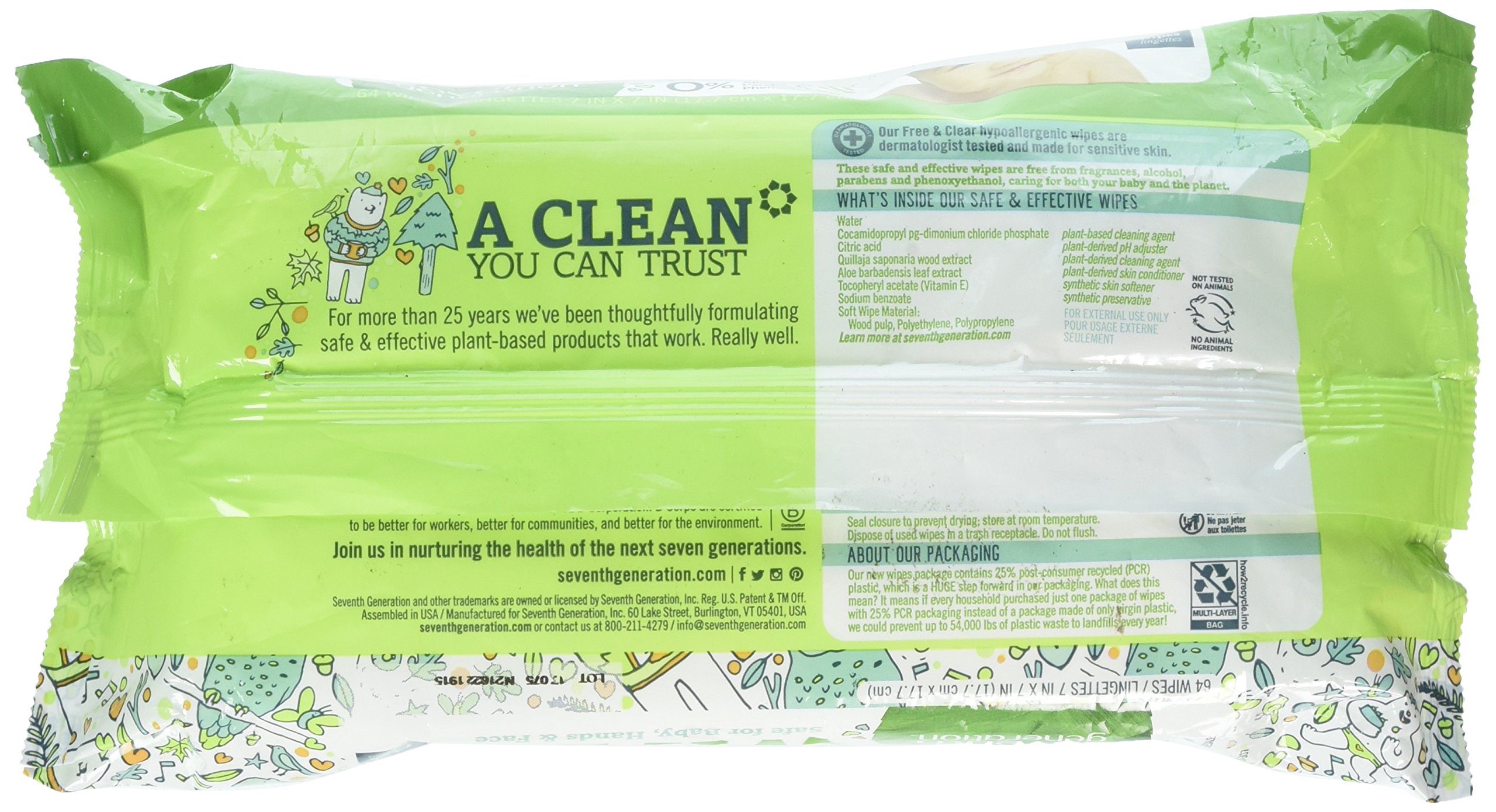 Seventh Generation, 34208, Fre and Clear Baby Wipes, Unscented, White, 64/Pack, Sold As 1 Pack