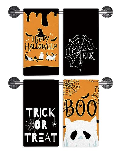 Halloween Kitchen Towels Funny Ghost Cat Halloween Dish Towels Set of 4, Hand Towel 18x26 Inch Drying Cloth Towel for Kitchen Home Decoration