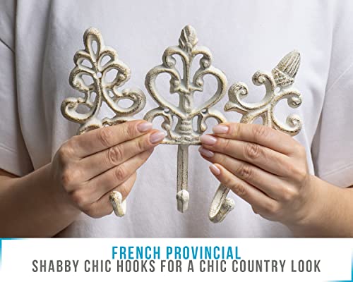 Shabby Chic Decorative Wall Hooks - Set of 3 - Cast Iron French Country Wall Decor - Farmhouse Hangers for Coats, Purses and More - Rustic White