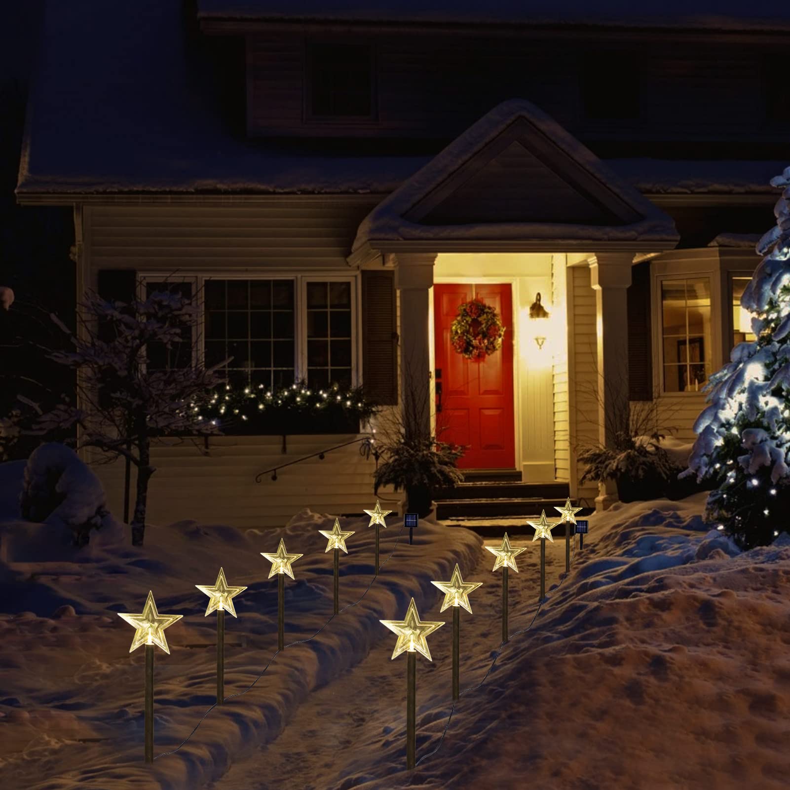 Solar Christmas Lights Outdoor, Energy Saving Waterproof Solar Powered Stake Lights, 2 Lighting Modes Christmas Decorations for 4th of July Home, Pathway, Garden, Walkway, Yard, Lawn, Patio (5 Stars)
