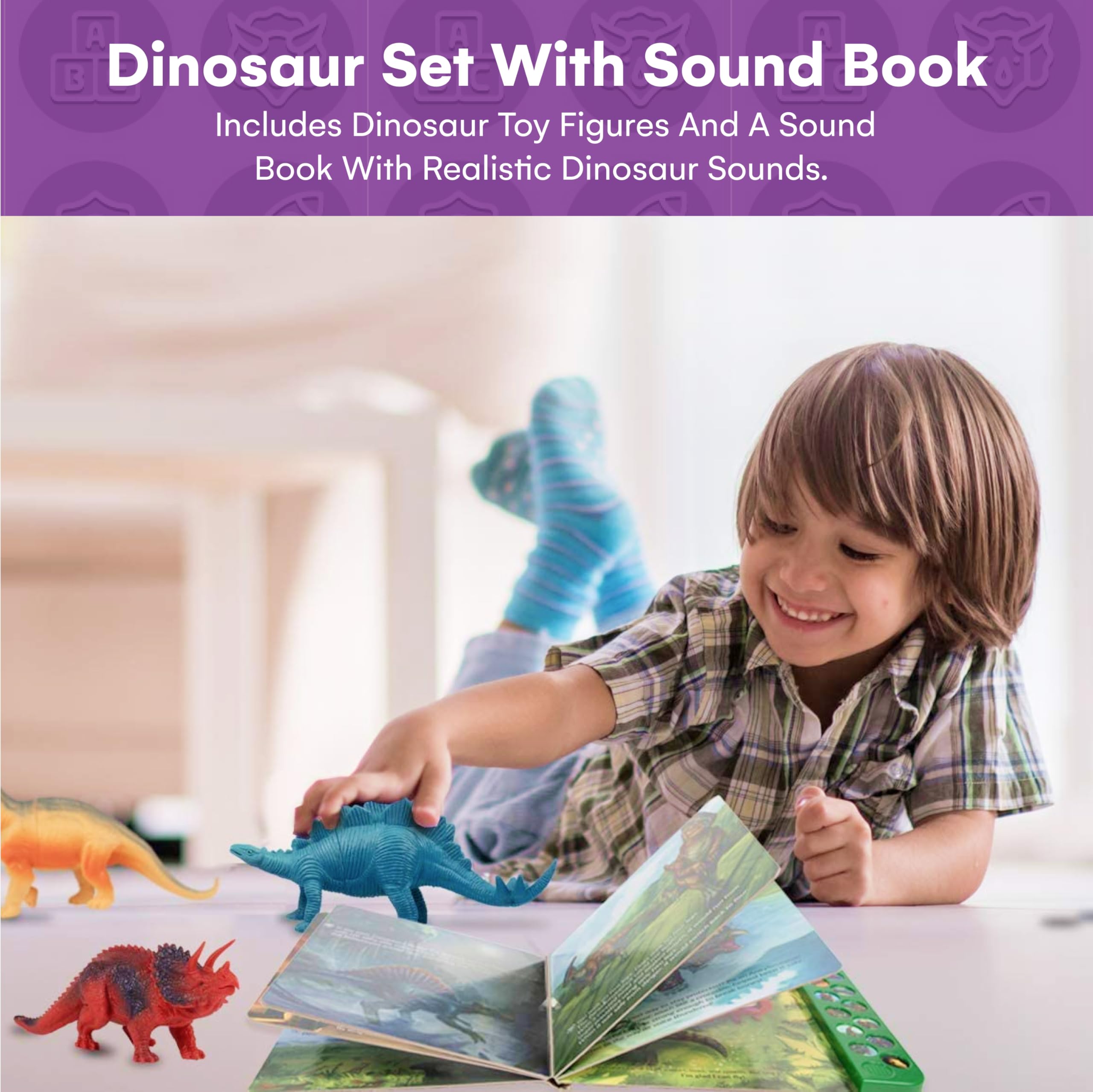 Li'l-Gen Dinosaur Toys for Kids 3-5 - Interactive Dinosaur Sound Book with Realistic Roars and 12 Large 7-Inch Dinosaur Figurines - Engaging Toddler Learning Toys for Imaginative Play - No Mat
