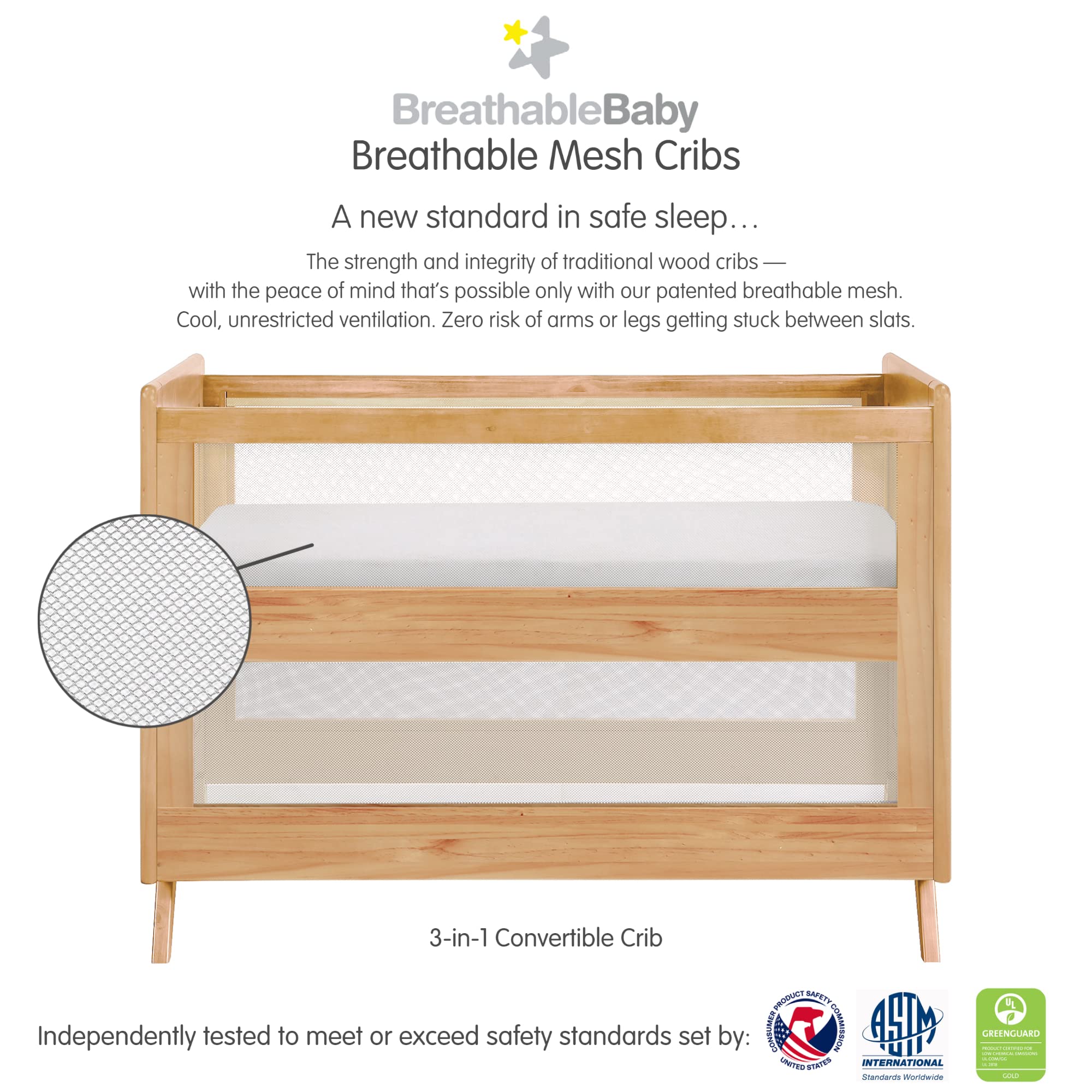 BreathableBaby Breathable Mesh 3-in-1 Convertible Crib (Toddler Bed Kit Sold Separately) β Beech β Two Adjustable Mattress Heights β Greenguard Gold Certified