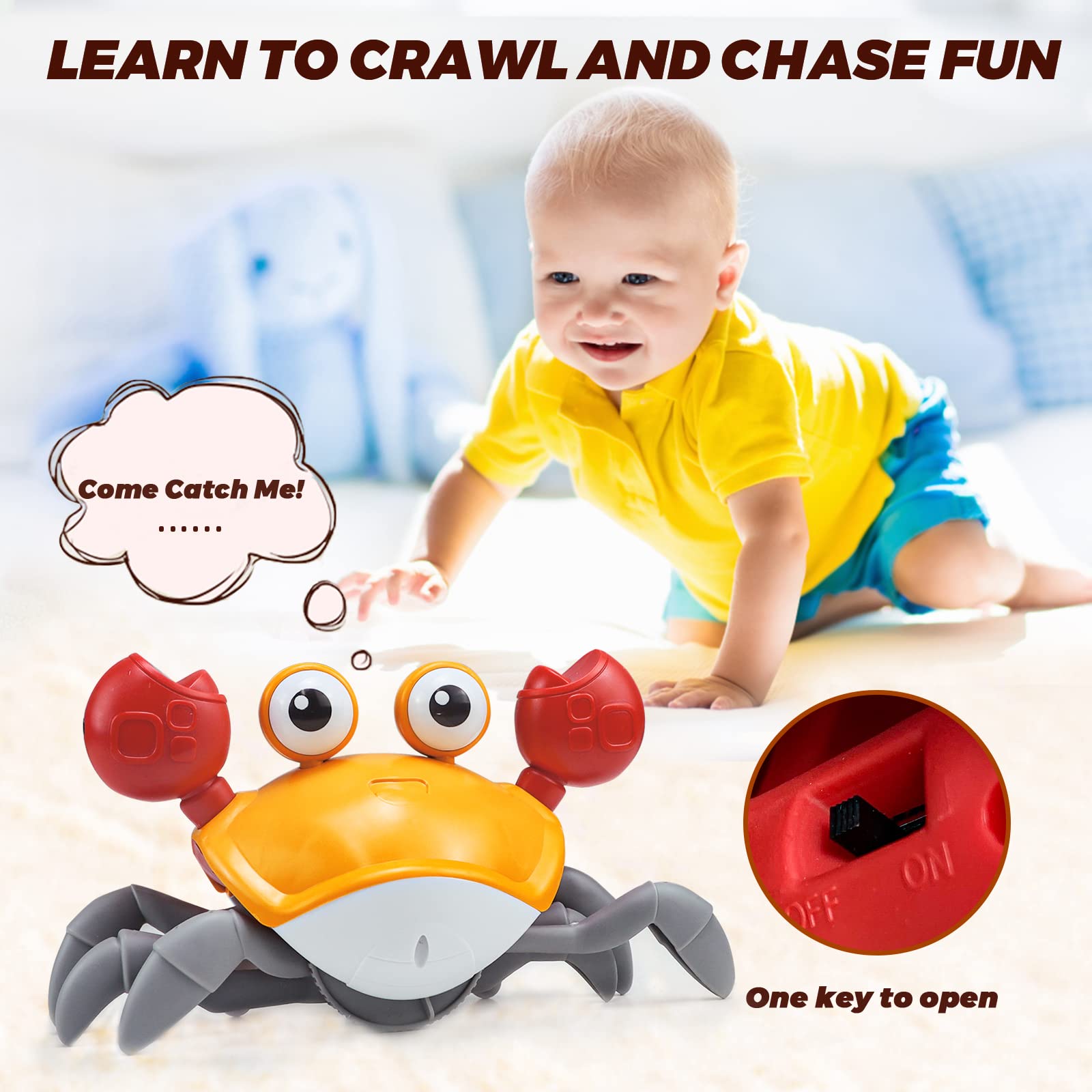 Befocus Baby Crawling Crab Toy with Music and LED Light for Kids Toddles, Crab Toys with Automatic Induction and Obstacle Avoidance Function, USB Rechargeable Fun Moving Toys for Boys Girls (Yellow)