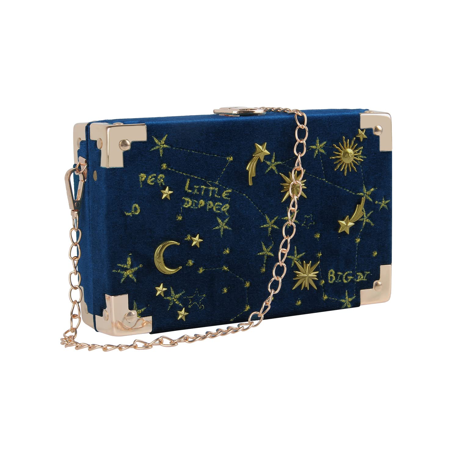 Oweisong Women Velvet Box Shape Evening Handbag Party Embroidery Star Moon Clutch Bag Elegant Crossbody Shoulder Purse
