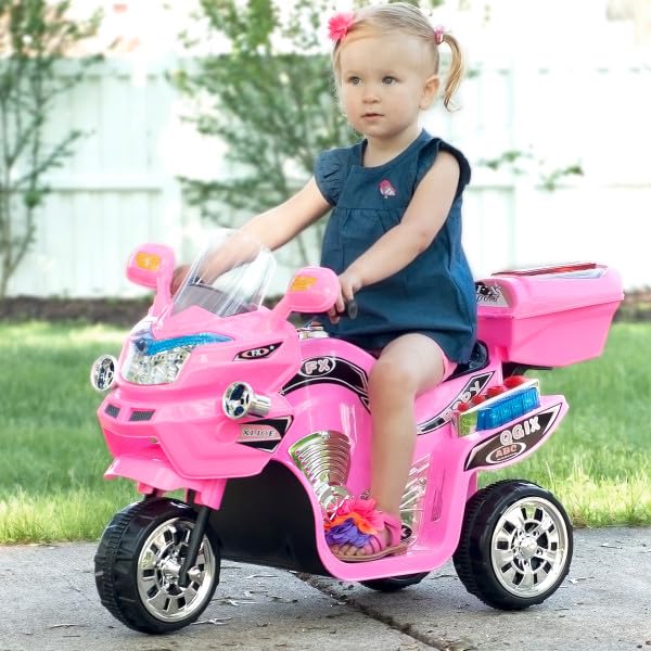 Lil' Rider Electric Motorcycle for Kids – 3-Wheel Battery Powered Motorbike for Kids Ages 3-6 – Fun Decals- Reverse- and Headlights (Pink), Large