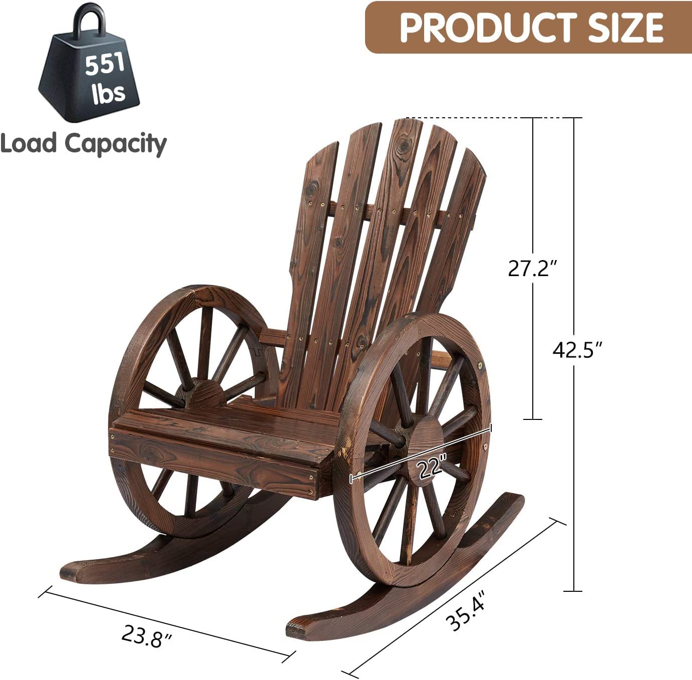 Kinsuite 2 PCS Fir Wooden Rocking Chair Set with Wheel Armrest, Outdoor Wagon Rocking Chairs for Garden, Lawn, Yard, Rustic Brown