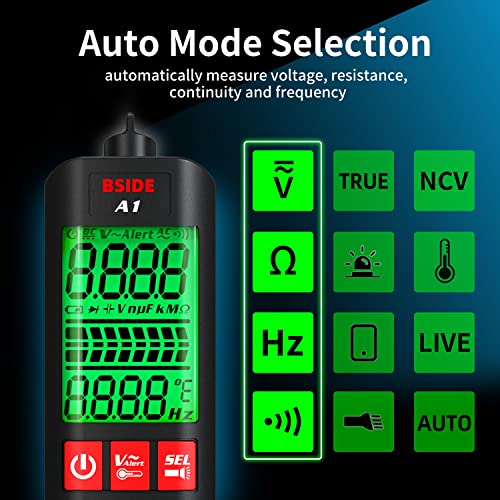 BSIDE Digital Multimeter 3-Results Display Pocket Smart Auto Range Voltmeter Resistance Frequency Continuity V-Alert Live Wire Voltage Tester with Flashlight, Black