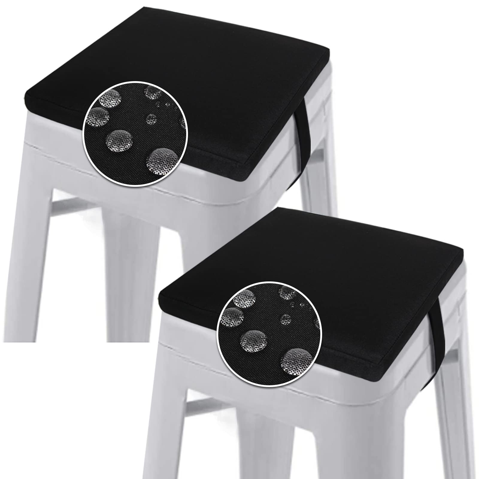 GUEGLSA Indoor Outdoor Bar Stool Cushions 12x12 Inch,Non Slip Square Seat Pad with Straps,Waterproof Fade Resistant Small Metal Chair Cushion Set of 2,Cushion Only, (Black)