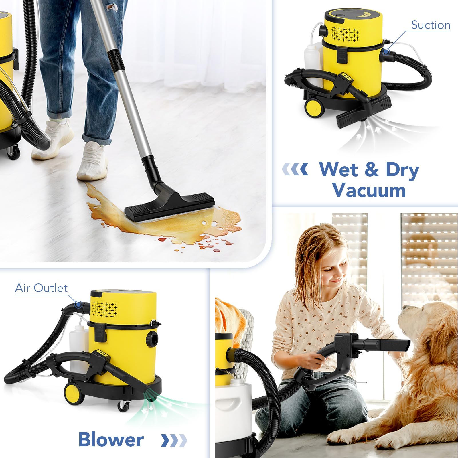 COSTWAY Wet Dry Vacuum Cleaner, 4-in-1 Portable Carpet & Upholstery Cleaner Machine with 5.5 Peak HP & 17 KPA Max Suction, Shampoo Vac Cleaner with Attachments for Floor, Stair, Sofa, Car, Gap