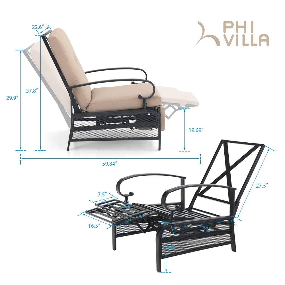 PHI VILLA Outdoor Recliner Chair for Patio, Oversized Patio Metal Chaise Lounge Chair Zero Gravity with Removable Beige Cushion for Garden, Poolside, Lawn