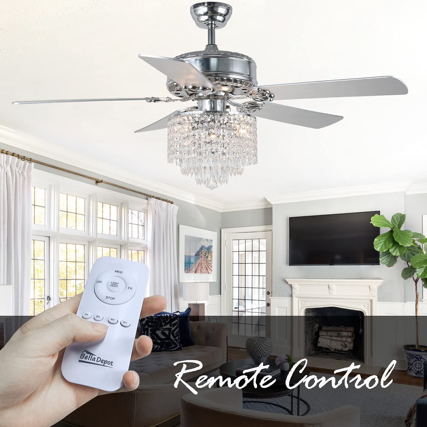 Bella Depot 52" Crystal Chandelier Ceiling Fan with Light and Remote, Dual-Sided Blades Modern Chandelier Fan for Living Room Dining Room Bedroom