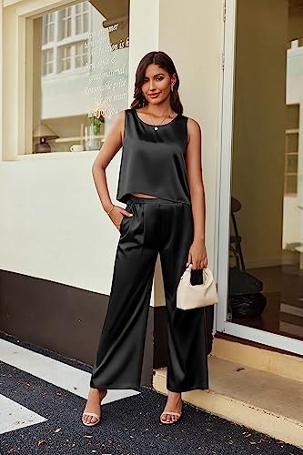 Ekouaer Women's Satin Silk Pajama Cami Sleeveless Lounge Set Soft Pj Set Long Pant Sleep Set Black M