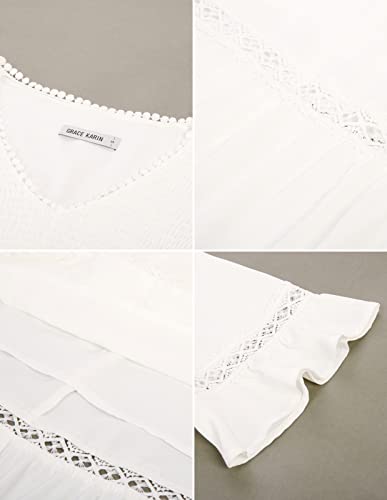 GRACE KARIN Women's V Neck Short Bell Sleeve Smocked Tiered Dress Elastic Waist Lace Patchwork Ruffle Dress White XL