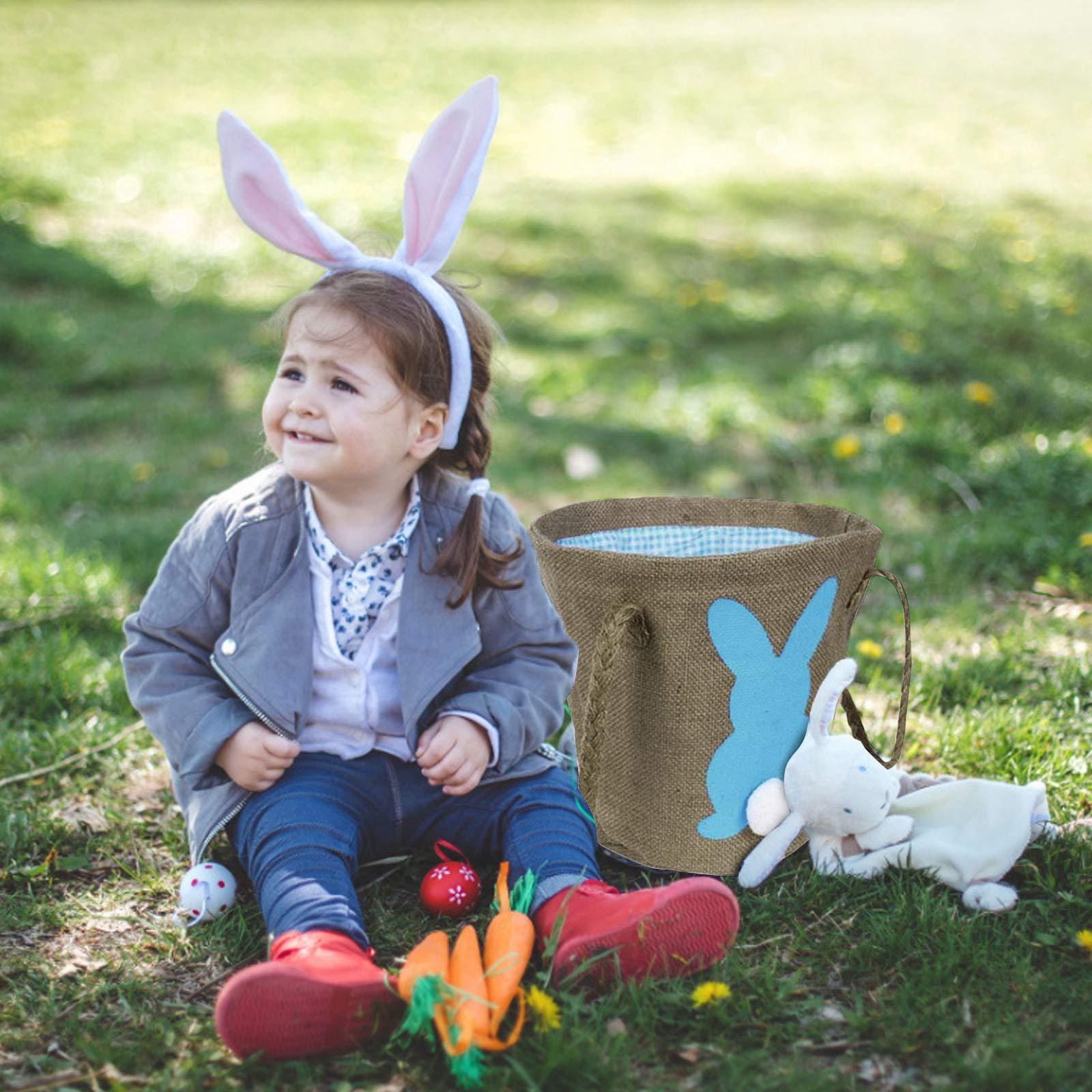 Caopixxzful Cute Easter Rabbit Basket for Kids - Burlap Bag for Candy, Eggs, & Holiday Party Gifts