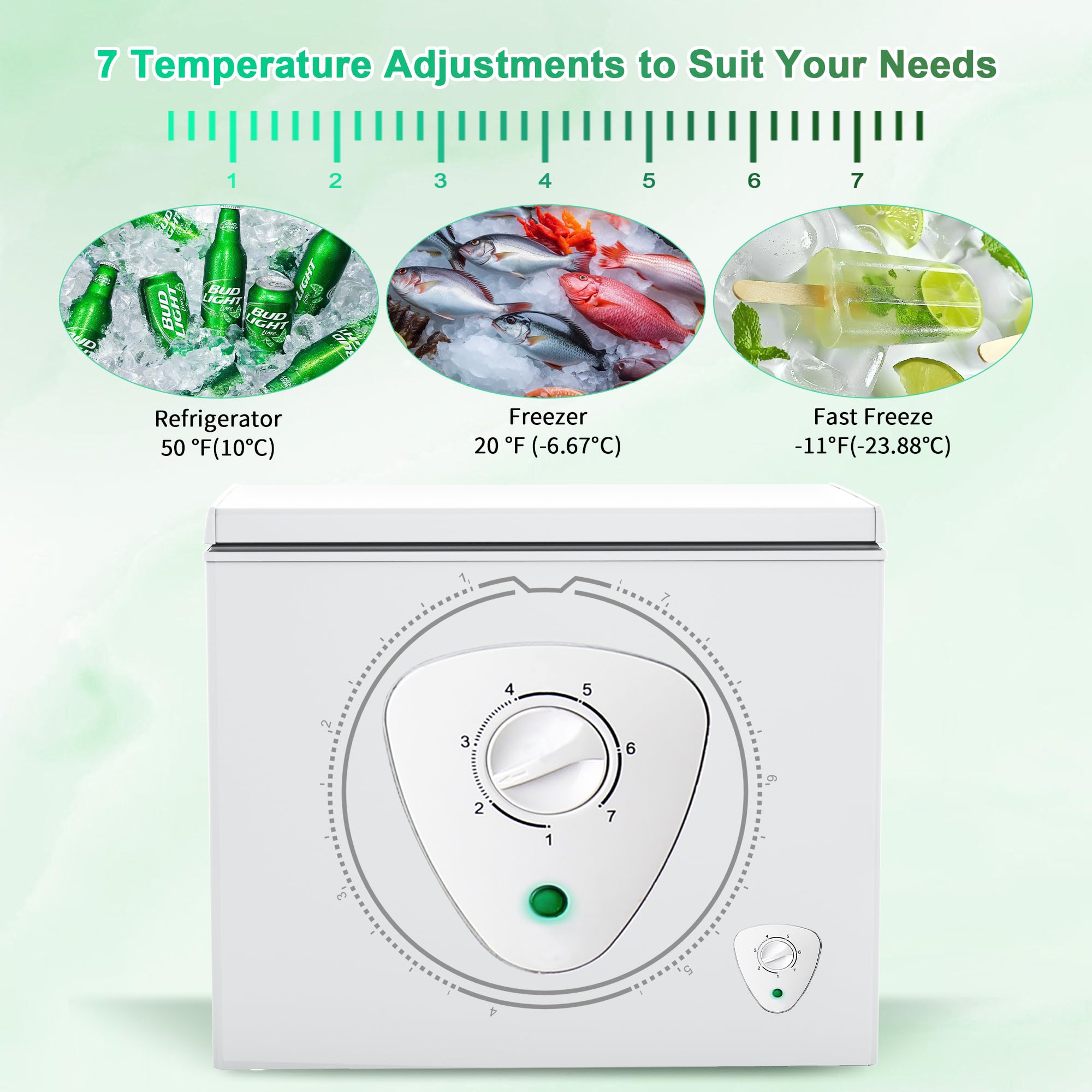 Chest Freezer 7.0 Cubic Feet with Removable Basket, Large Chest Freezer with 7 Adjustable Thermostat, Quiet Freezer Free-Standing Top Door Energy Saving Suitable for Dorm/Home/RVs, White