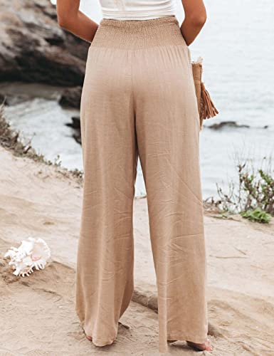 Hooever Women's Summer Linen Pants High Waisted Wide Leg Palazzo Pant Flowy Lounge Trousers (Khaki-S)