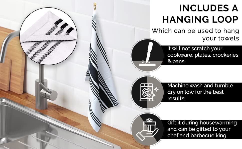 Black White Set of 4 Kitchen Dish Towels 20X30 Inch Extra Large Size Highly Absorbent 100% Cotton Hand Towel with Mitered Corners Modern Stripes For Bar & Tea And Household Use With Hanging Loop