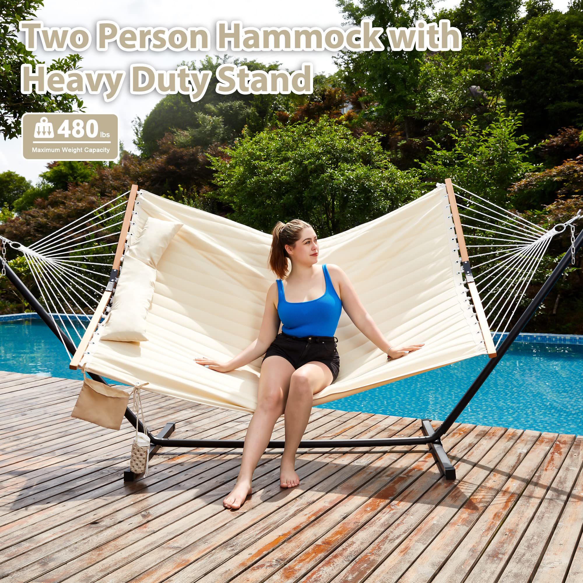 Homgava Two Person Hammock with Stand Heavy Duty, Outdoor Patio Hammock with Portable Steel Stand, Large Double Hammocks,480lbs Capacity.(Off White)