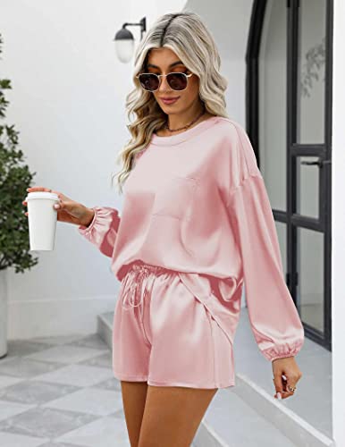 Ekouaer Womens Silk Satin Pajamas Set Long Sleeve Top Summer Soft Two Piece Pjs Silky Sleepwear Light Pink Small