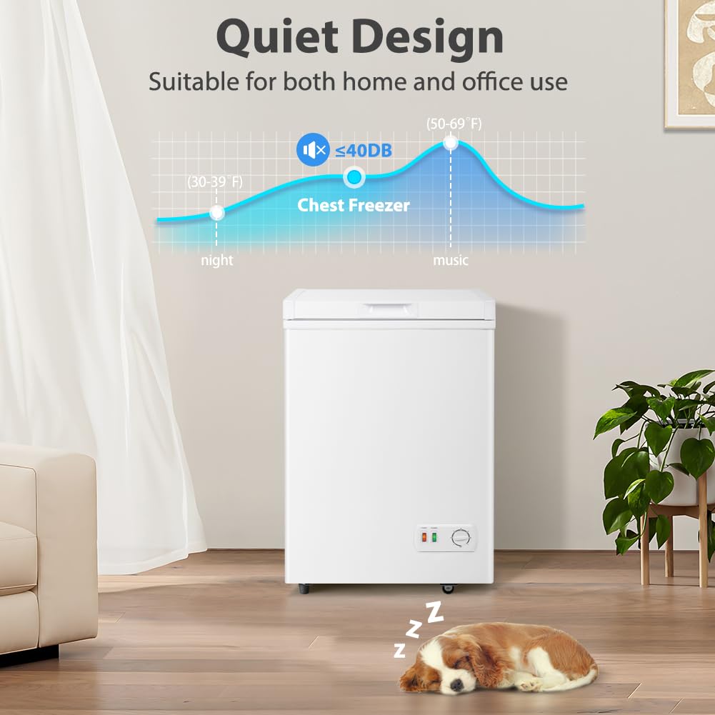 Chest Freezer, Small Deep Freezers Top Door with Removable Basket, 7 Temperature Control Energy Saving, Compact Freezer for Home Kitchen Office Dorm Apartment Indoor Use, White